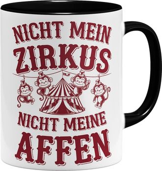 OM3 lustige Kaffee-Tasse mit Spruch - Nicht mein Zirkus nicht meine Affen - Zirkuszelt &Auml;ffchen - Statement B&uuml;rotasse III | Keramik Becher | 325ml | Beidse