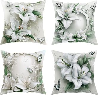 Generic Lily Dekokissenbez&uuml;ge, Blumenmuster, elegant, Schmetterlings-Blatt, Fr&uuml;hlingsmotiv, wei&szlig;, mit verstecktem Rei&szlig;verschluss, Couch-Kissenbez&uuml;ge f&uuml;r Wohnz