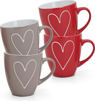 Matches 21 XXL Tassen 4er Set Motiv Herz in rot grau - Große Keramik Kaffeetassen in 400ml für Tee KaffeeCappuccino - Jumbo Kaffeebecher spülmaschinenfest und mi