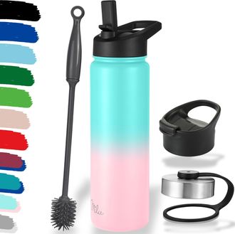 Milu Edelstahl Trinkflasche 500ml, 750ml, 1L (+3 Deckel) - Thermosflasche mit Strohhalm, Isolierte Wasserflasche, Auslaufsichere Isolierflasche doppelwandi