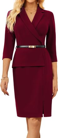 Grace Karin Damen Bodycon B&uuml;ro Etuikleid mit G&uuml;rtel Elegant 3/4 &Auml;rmel V-Ausschnitt Cocktailkleid Weinrot S
