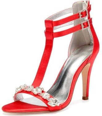 Generic Escarpins Femme Bout Ouvertsandales Chaussures De Mariee Satin&eacute;e Mari&eacute;e Dress F&ecirc;te Bridal Mariage Stylet Sandales 10.5Cm,Rouge,36 EU