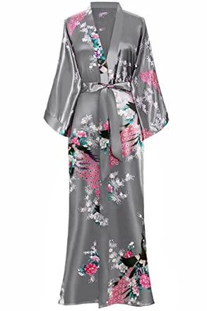 Babeyond Robe de chambre tr&egrave;s longue en satin pour femme, kimono d&eacute;t&eacute; &agrave; motif floral, long peignoir kimono imprim&eacute;, pour soir&eacute;e pyjama entre filles, gris argen