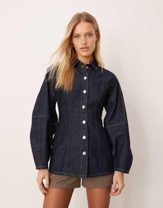 Asos Chemise en jean &agrave; manches sculpt&eacute;es - Bleu moyen