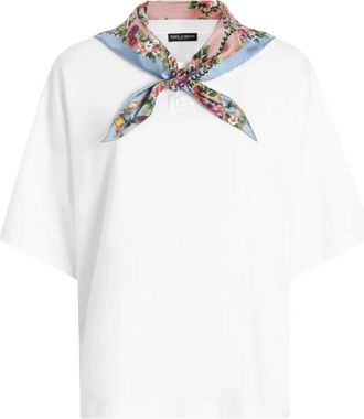 Dolce & Gabbana Femme, Tops, Blanc, Taille: 38 FR T-shirt en jersey avec &eacute;charpe et broderie