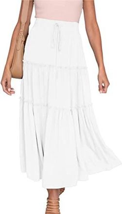 ORANDESIGNE Jupe Longue Femme Ete Taille Elastique Maxi Jupe Fluide Boho Rétro Mode Élégant Couleur Unie Jupe Plissee Trapeze A Blanche XL