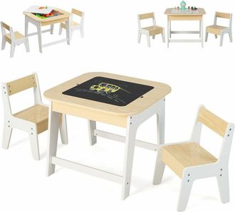 Costway Costway - 3 en 1 Table et 2 Chaises en Bois Enfants avec Plateau Double Face, Table dActivit&eacute;s Polyvalente avec Espace de Rangement Cach&eacute;, Charge