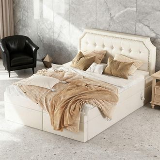 Generic Polsterbett 140x200 cm in Schwarz | Doppelbett mit Metall-Lattenrost | Großer beidseitig öffenbarer Stauraum | Robustes Design (White)