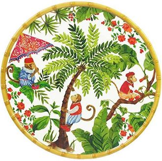 Les Jardins de la Comtesse Plat Rond en M&eacute;lamine - Singes de Bali - 35,5 cm - Rouge corail et Vert - Plat de Pr&eacute;sentation de la Collection de Vaisselle Quasi-Incassable MelARTmi