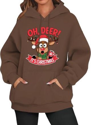 Generic Sweat &agrave; capuche imprim&eacute; graphique pour femme, motif &eacute;lan surdimensionn&eacute;, chandail &agrave; capuche, v&ecirc;tements dautomne et dhiver, pour voyage, caf&eacute;, 3XL