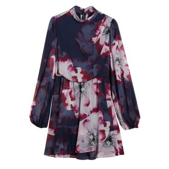Ted Baker Aracely Bedrucktes Langarmkleid In Marineblau Mit Krawattenkragen