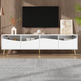 Merax Hochglanz TV M&ouml;bel f&uuml;r Wohnzimmer LED Fernsehschrank,Wei&szlig;er TV Lowboard mit Glasfront & Goldenen Metallf&uuml;&szlig;en,f&uuml;r 70 Zoll Fernseher,App-Steuerung,180x4