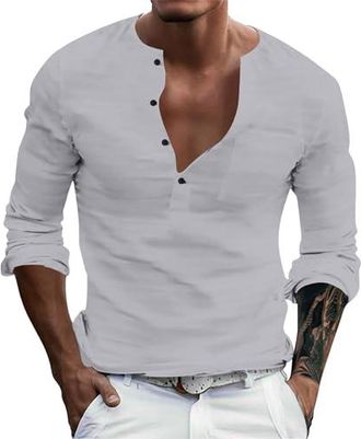 Generic T-shirt &agrave; manches longues pour homme - Style vintage - En coton - Grandes tailles - Col montant - Chemise de plage - Col rond - Chemise d&eacute;t&eacute; &eacute;l&eacute;gante 