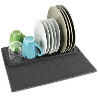 Com-Four Abtropfgestell mit Mikrofaserunterlage - Abtropfgitter aus Kunststoff - Geschirrständer für Besteck und Geschirr - Küchenzubehör (2-teilig - Matte + G