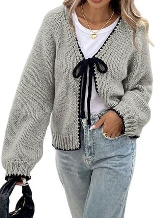 Generic Cardigan ouvert sur le devant avec noeud papillon et col en V, cardigan tendance pour femme avec noeud &agrave; nouer sur le devant, gris, XL