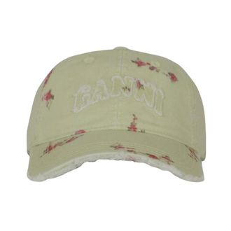 Ganni Femme, Accessoires, Vert, Taille: ONE Size Casquette Imprim&eacute;e en Toile de Coton D&eacute;lav&eacute;e