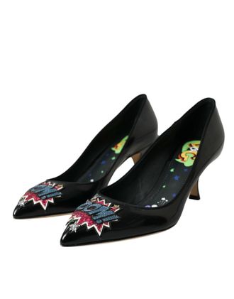 Dolce & Gabbana Womens Embroidered Patch Pump Black Leather