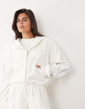KAIIA Oversize-Kapuzenjacke aus Frottee in Wei&szlig; und Babyblau mit hohem Baumwollanteil, Logo-Stickerei und seitlichem Streifen, Kombiteil