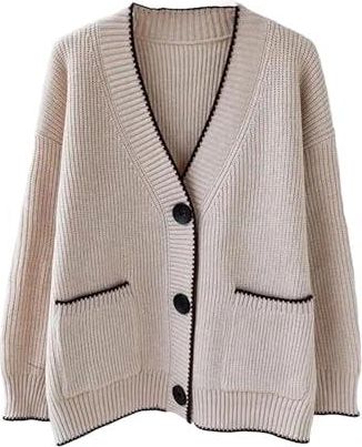 Generic Cardigan tricot&eacute; &agrave; col en V pour femme avec col en V et style paresseux - Couleur unie, abricot, Taille XL