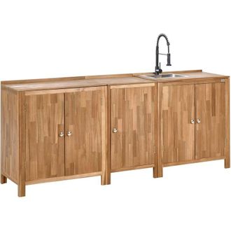 Beliani Ilot de Cuisine Ext&eacute;rieur Ensemble 3 Pi&egrave;ces &Eacute;tag&egrave;res avec &Eacute;vier et Robinet Acier Inox Noir Bois dAcacia Marron Venosa