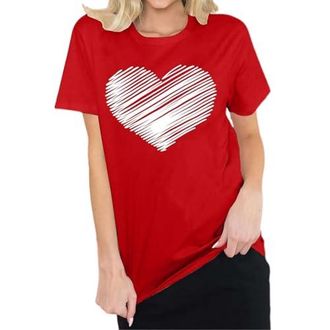 Generic T-shirt d&eacute;contract&eacute; &agrave; manches courtes pour femme avec imprim&eacute; coeur pour la Saint-Valentin 2026 (2), Rouge, XXL
