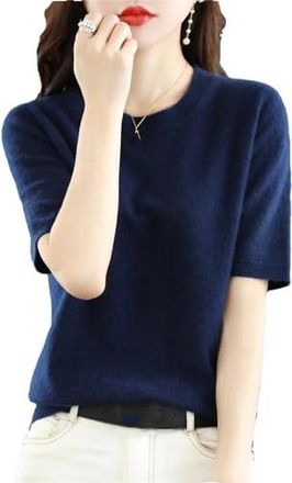 Generic Pull à manches courtes et col rond en coton mélangé pour femme, bleu mer, Taille XL