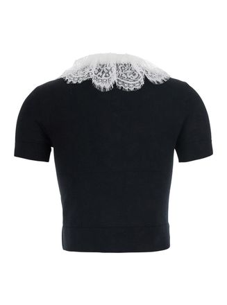 Self Portrait Womens Top With Lace Collar, Black Wool Tops