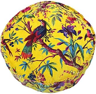 Riva Paoletti Riva Paradies Runde Kissenbezug - Gelb - Bunter Vogel-Druck - Faux-Samt-Gewebe - Decke Genähte Kanten - 100% Baumwolle - 50 X 50 X 12 cm (20 X 20 X 5 