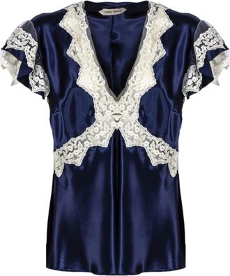 Alberta Ferretti Femme, Blouses et Chemises, Bleu, Taille: 44 FR Top en satin avec empi&egrave;cements de dentelle