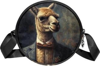 Generic Sac &agrave; bandouli&egrave;re rond pour femme, motif alpaga vintage, petit sac &agrave; bandouli&egrave;re avec fermeture &eacute;clair, bretelles r&eacute;glables, sac &agrave; main rond d&eacute;contrac