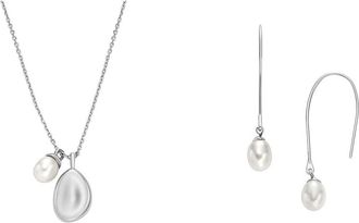 Skagen Womens Agnethe Pearl Necklace and Earring, Silver-Tone Stainless Steel Set