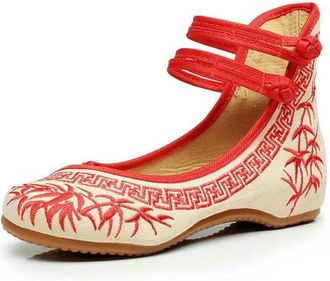 Generic QXDZSW Lady Models Bamboo Literati Ink Blue and White Porcelain Series Brodé Tissu Chaussures Femme, Rouge, 38.5 EU