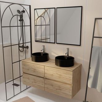 Aurlane Aurlane - meuble salle de bains 120cm 4 tiroirs chêne naturel, 2 vasques noires ø41cm et 2 miroirs 55x75 cm