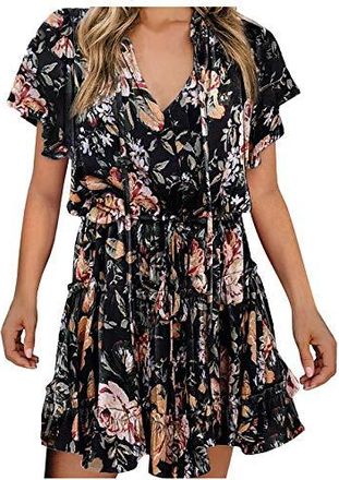 Generic Robes d&eacute;t&eacute; boh&egrave;me 2026 pour femmes, col en V, manches pliss&eacute;es, mini jupe tendance pour femmes, Noir, XL