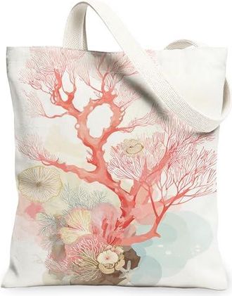 Generic Sacs fourre-tout en toile de r&eacute;cif de corail, motif floral vintage, sacs d&eacute;picerie r&eacute;utilisables, l&eacute;gers et lavables en toile pour Tr, corail, 13x15 I