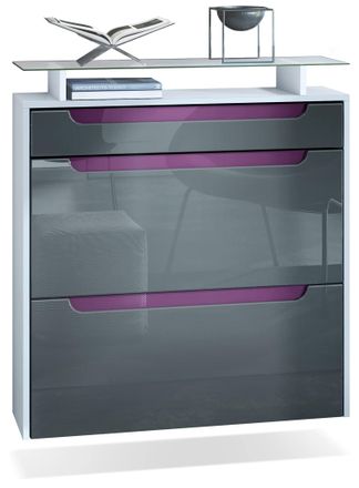 Vladon Schuhschrank Annie, Schuhkipper für 16 Paar Schuhe mit 2 Klappen, 1 Schublade und Glasablage, Weiß matt/Grau Hochglanz, Griffmulden in Brombeer Hochgl