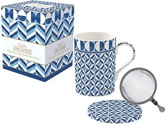 Easy Life Teebox aus Porzellan, 35 cl, mit Filter, Edelstahl, Geometric Blau