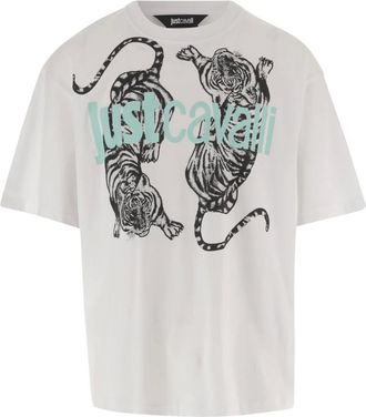 Just Cavalli Homme, Tops, Blanc, Taille: M T-shirt en coton avec imprim&eacute;