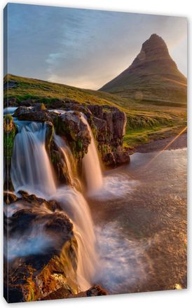 Pixxprint Wasserfall in Isalnd bei Sonnenuntergang, Größe: 120x80cm, Leinwandbild, fertig gespannt, Wandbild, Dekoration, Kunstdruck, kein Poster