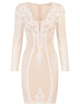 Apart Fashion APART Damen Mini Kleid, gepufftes lang&auml;rmeliges Cocktailkleid, Tiefer V-Ausschnitt vorne und hinten Partykleid, Glitter Design, mittlerer R&uuml;ckenrei&szlig;ve