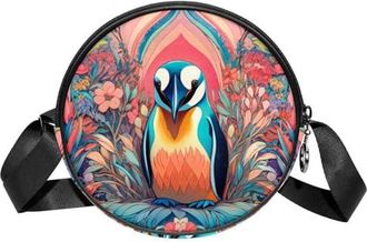 Generic Sac &agrave; bandouli&egrave;re rond pour femme, motif pingouin &agrave; dessin color&eacute;, petit sac &agrave; dos &agrave; bandouli&egrave;re avec fermeture &eacute;clair, bretelles r&eacute;glables, sac &agrave; mai