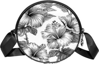 Generic Sac &agrave; bandouli&egrave;re rond pour femme, motif fleur dhibiscus fonc&eacute;, petit sac &agrave; bandouli&egrave;re avec fermeture &eacute;clair, bretelles r&eacute;glables, sac &agrave; main rond d&eacute;