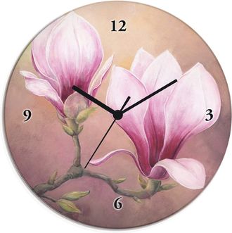 Artland Wanddeko Wanduhr ohne Tickger&auml;usche Glas Quarzuhr &Oslash; 30 cm Rund Lautlos Blumen Magnolie Bl&uuml;ten Landhaus Klassisch Antik Vintage T4WV