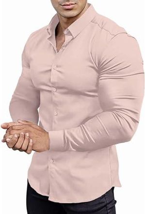 Generic Chemises musculaires pour homme - Grande taille - Chemise &agrave; manches longues boutonn&eacute;e - Col standard - T-shirt de gym formel uni urbain &eacute;l&eacute;gant - T-sh