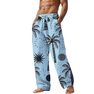 Generic Pantalon d&eacute;t&eacute; pour homme - Motif soleil et cocotier - Pantalon long - Pantalon de plage d&eacute;contract&eacute; - Poche - Vacances - Coupe droite, bleu ciel, XXL