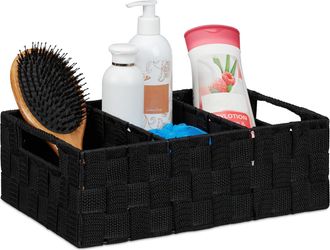 Relaxdays Aufbewahrungskorb mit Fächern, Kosmetik Aufbewahrung im Bad, Körbchen mit Griffen, HBT: 10x32x21 cm, schwarz, Kunststoff, 10 x 32 x 21 cm