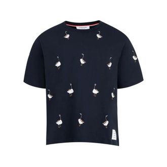 Thom Browne Femme, Tops, Bleu, Taille: 44 FR Geese Print Jersey Tee