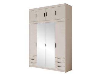 Mirjan24 Kleiderschrank Elena 4D6S mit Frontspiegel und 6 Schubladen, Dreht&uuml;renschrank mit Kleiderstange und 9 Einlegeb&ouml;den, Schlafzimmerschrank (Beige, Mit Sc