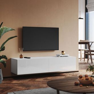 Sonni TV Lowboard wei&szlig; Hochglanz h&auml;ngend/stehend 140cm,2 Klappen,Modern H&auml;ngeschrank zwei Montagem&ouml;glichkeiten