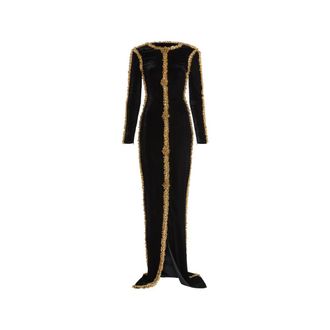 Balmain Long Velvet Dress With Embroidered Trim